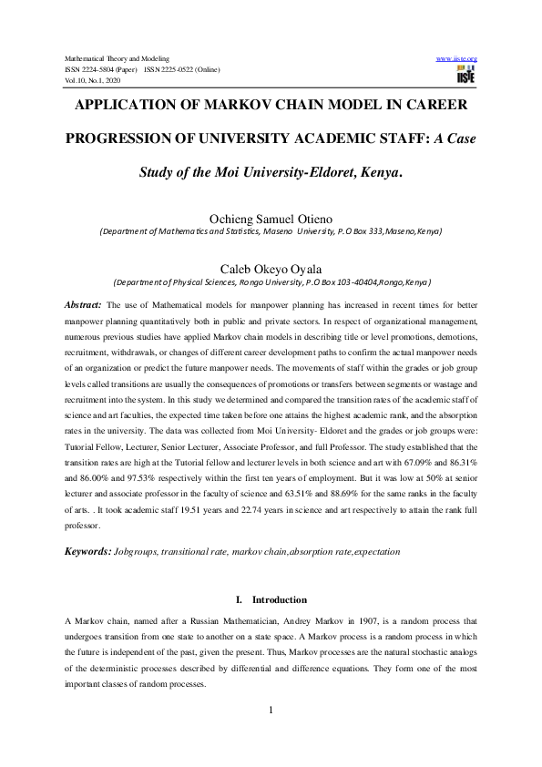 (PDF) APPLICATION OF MARKOV CHAIN MODEL IN CAREER PROGRESSION OF ...