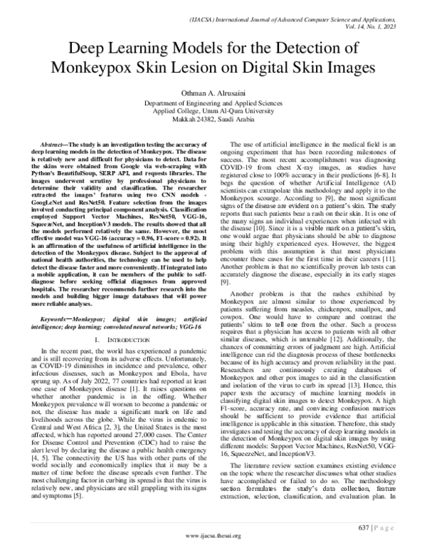 (PDF) Deep Learning Models for the Detection of Monkeypox Skin Lesion on Digital Skin Images