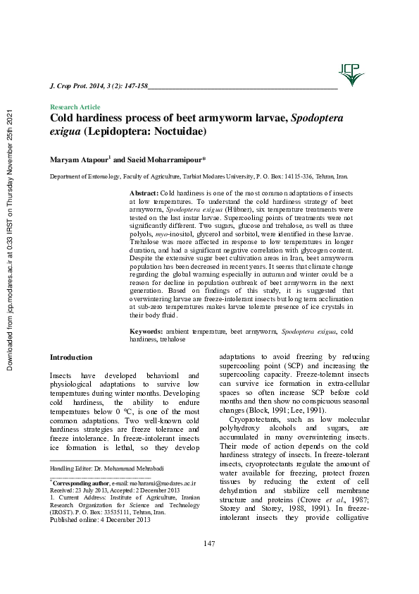 (PDF) Cold Hardiness Process of Beet Armyworm Larvae, Spodoptera exigua (Lepidoptera: Noctuidae)