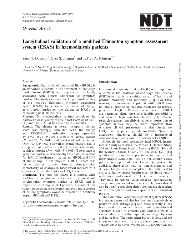 (PDF) Longitudinal validation of a modified Edmonton symptom assessment ...