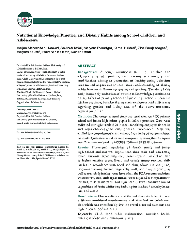 (PDF) Nutritional knowledge, practice, and dietary habits among school ...