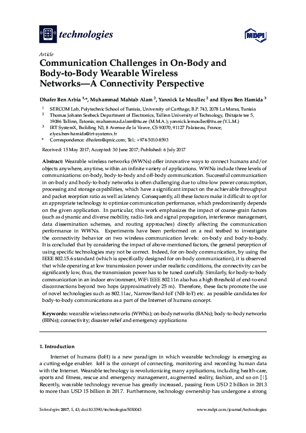 (PDF) Communication Challenges in on-Body and Body-to-Body Wearable Wireless Networks—A ...