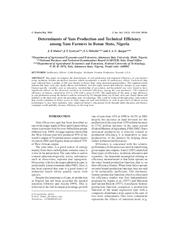 (PDF) Determinants of Yam Production and Technical Efficiency among Yam ...