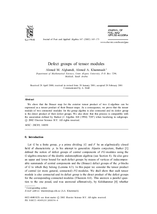 (PDF) Defect groups of tensor modules | Ahmed Alghamdi - Academia.edu