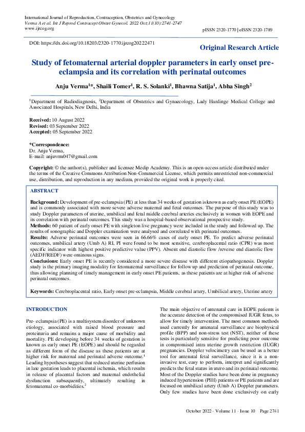 (PDF) Study of fetomaternal arterial doppler parameters in early onset ...