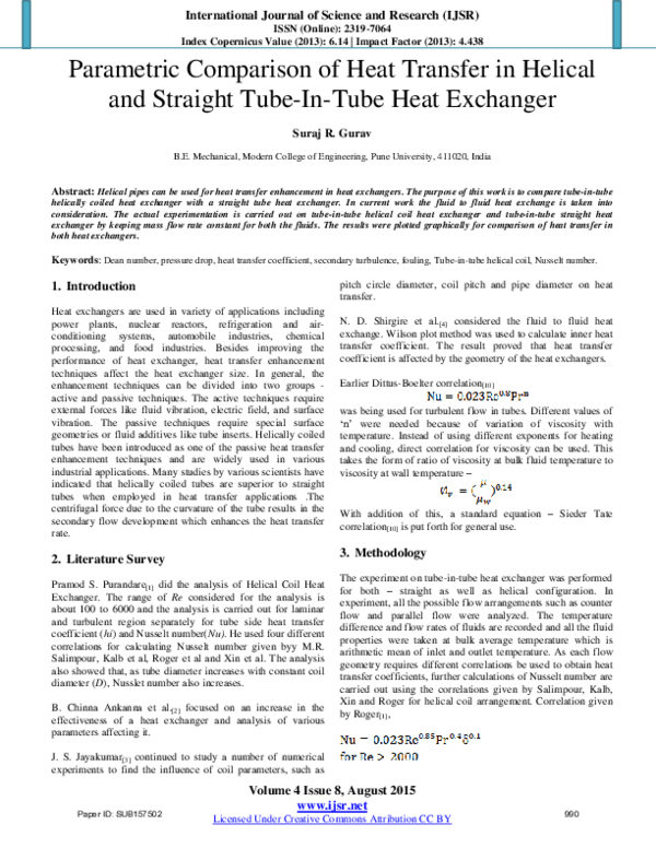 (PDF) Parametric Comparison of Heat Transfer in Helical and Straight Tube-In-Tube Heat Exchanger