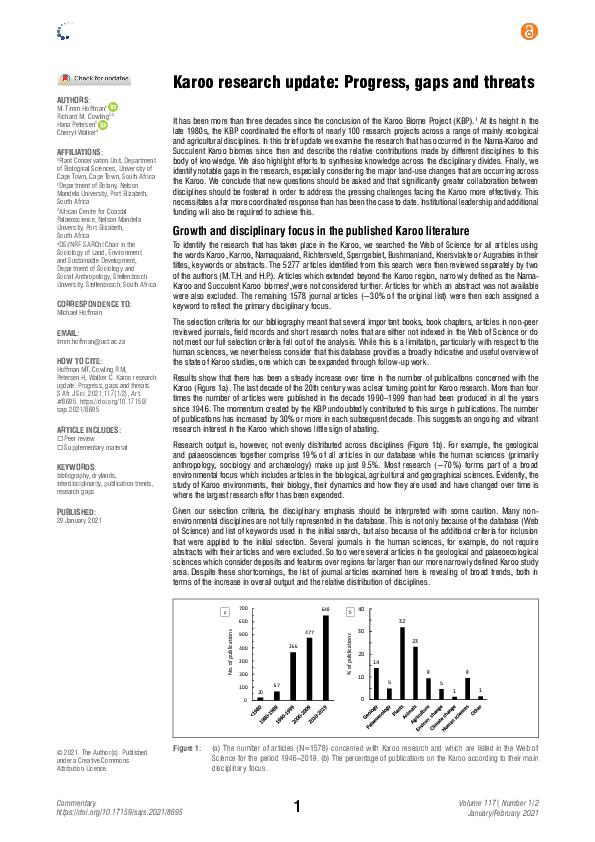 (PDF) Karoo research update: Progress, gaps and threats