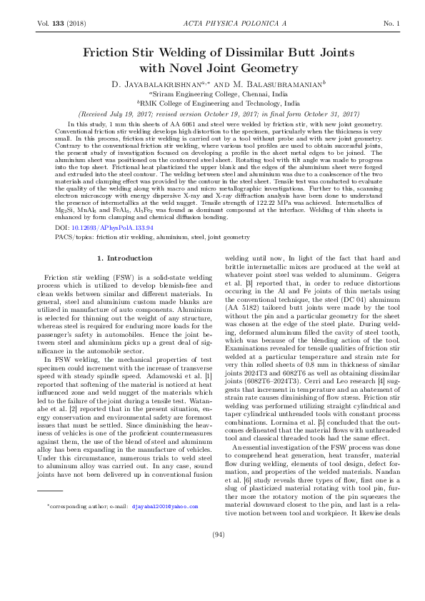 Pdf Friction Stir Welding Of Dissimilar Butt Joints With Novel Joint Geometry