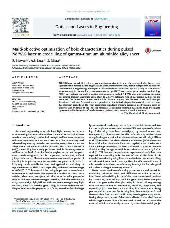 (PDF) Multi-objective optimization of hole characteristics during ...