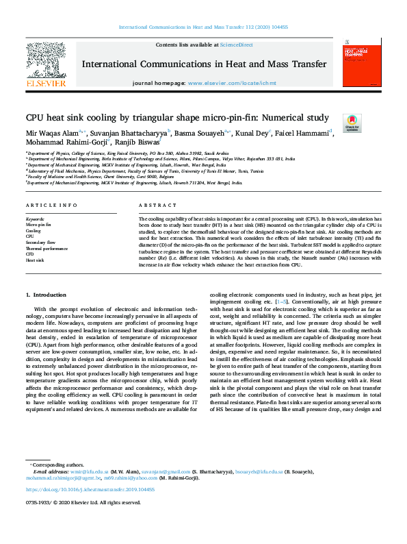 (PDF) CPU heat sink cooling by triangular shape micro-pin-fin: Numerical study