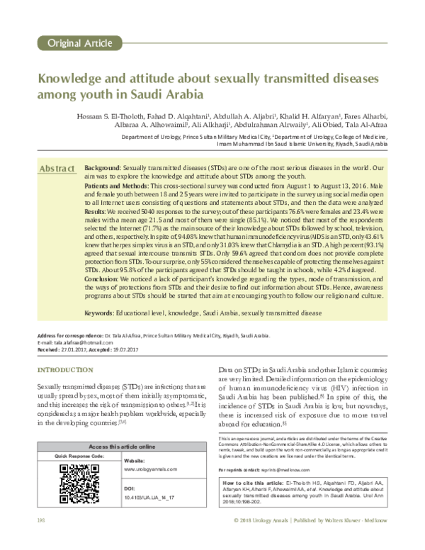 (PDF) Knowledge and attitude about sexually transmitted diseases among youth in Saudi Arabia