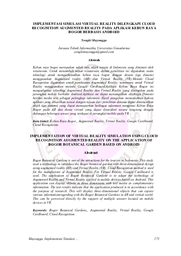 (PDF) Implementasi Simulasi Virtual Reality Dilengkapi Cloud Recognition Augmented Reality Pada ...