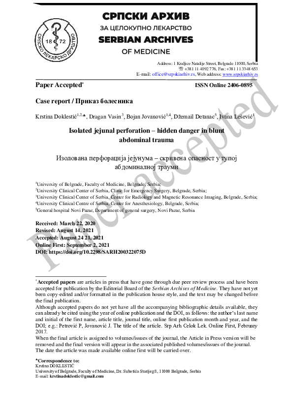 (PDF) Isolated jejunal perforation - hidden danger in blunt abdominal trauma
