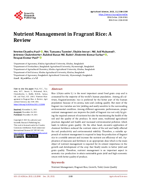 (PDF) Nutrient Management in Fragrant Rice: A Review