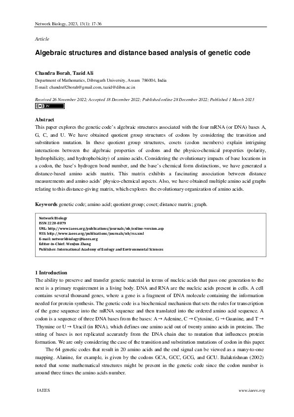 (PDF) Algebraic structures and distance based analysis of genetic code