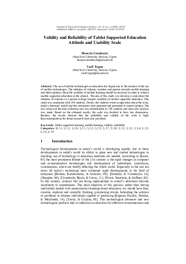 (PDF) Validity and Reliability of Tablet Supported Education Attitude and Usability Scale ...