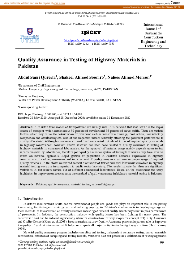 (PDF) Quality Assurance in Testing of Highway Materials in Pakistan