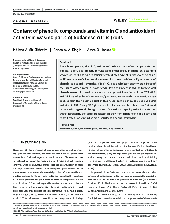(PDF) Content of phenolic compounds and vitamin C and antioxidant activity in wasted parts of ...