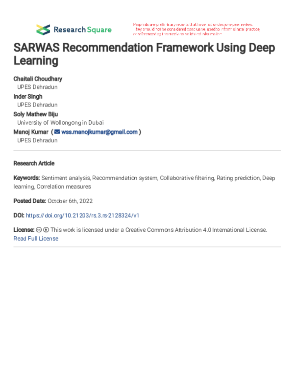 (PDF) SARWAS Recommendation Framework Using Deep Learning