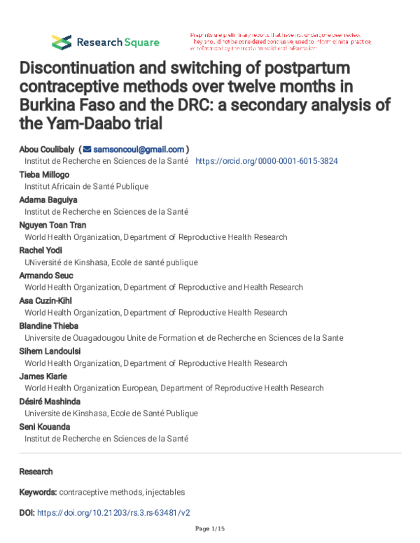 (PDF) Discontinuation and switching of postpartum contraceptive methods ...