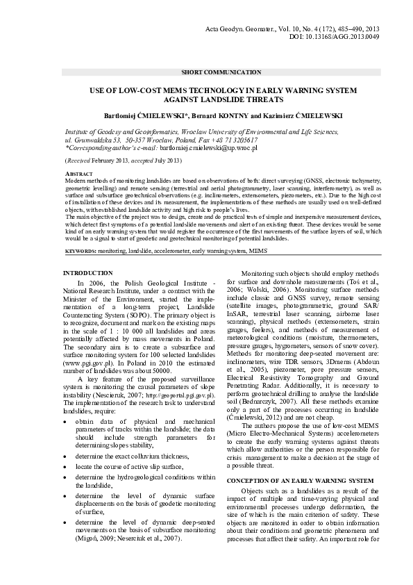 (PDF) Use of low-cost MEMS technology in early warning system against landslide threats