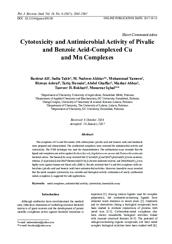 (PDF) Cytotoxicity and Antimicrobial Activity of Pivalic and Benzoic Acid-Complexed Cu and Mn ...