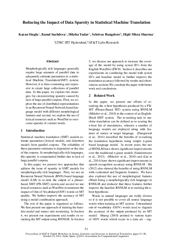 (PDF) Reducing the Impact of Data Sparsity in Statistical Machine Translation