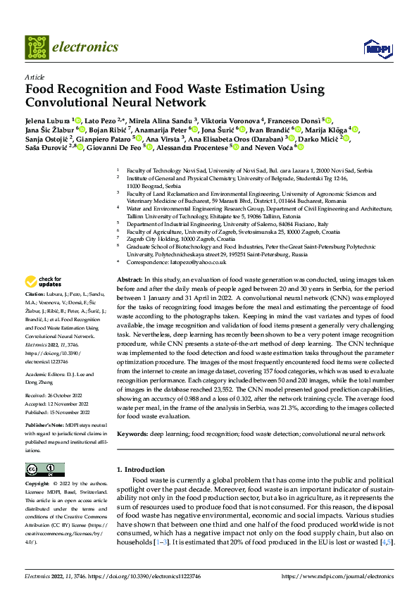 (PDF) Food Recognition and Food Waste Estimation Using Convolutional Neural Network