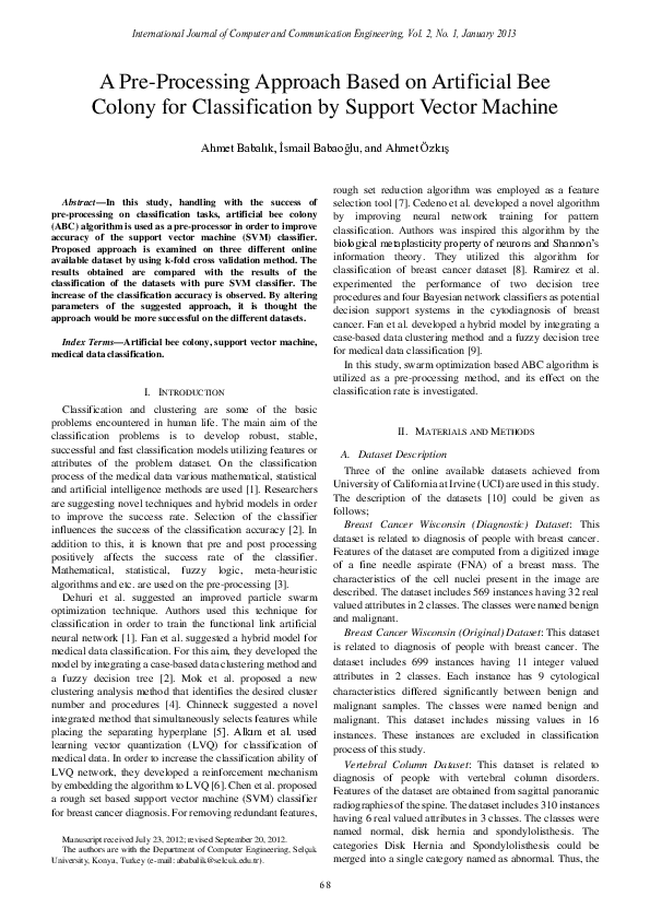 Pdf A Pre Processing Approach Based On Artificial Bee Colony For Classification By Support