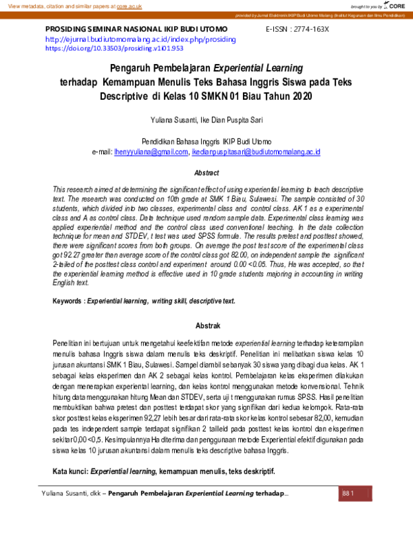 (PDF) Pengaruh Pembelajaran Experiential Learning terhadap Kemampuan Menulis Teks Bahasa Inggris ...
