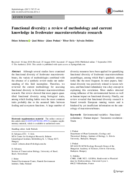 (PDF) Functional diversity: a review of methodology and current knowledge in freshwater ...