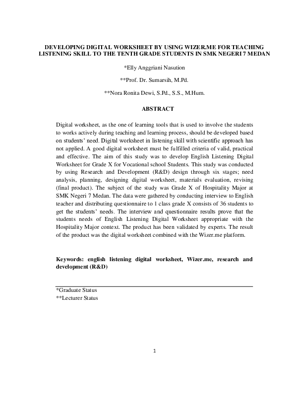 (PDF) Developing Digital Worksheet by Using WIZER.ME for Teaching Listening Skill to the Tenth ...