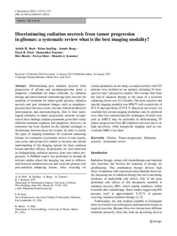 Pdf Discriminating Radiation Necrosis From Tumor Progression In Gliomas A Systematic Review