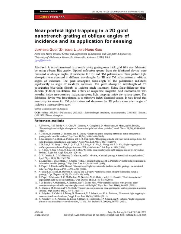 (PDF) Near perfect light trapping in a 2D gold nanotrench grating at ...