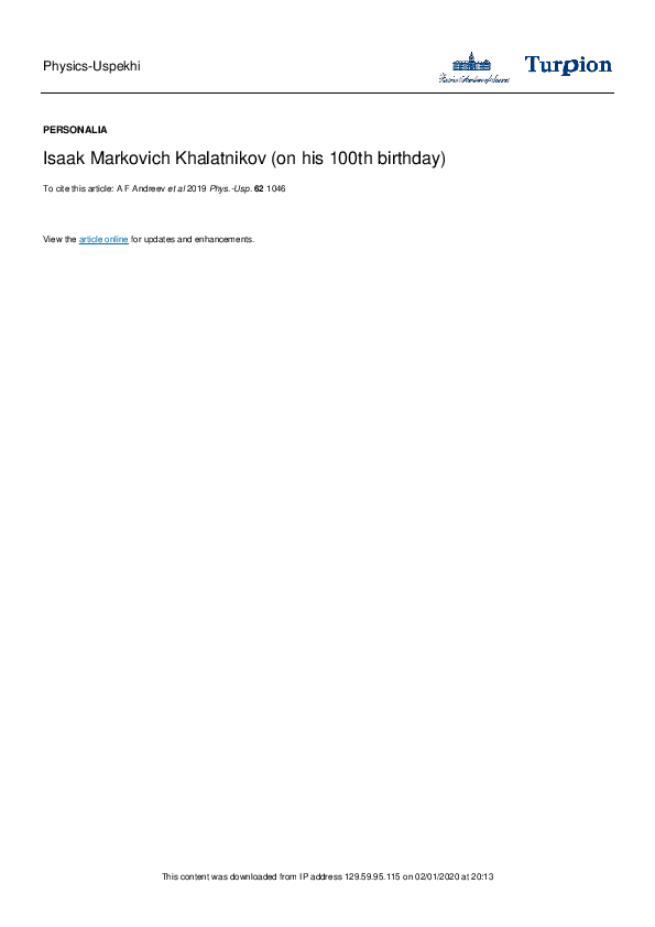 (PDF) Isaak Markovich Khalatnikov (on his 100th birthday)