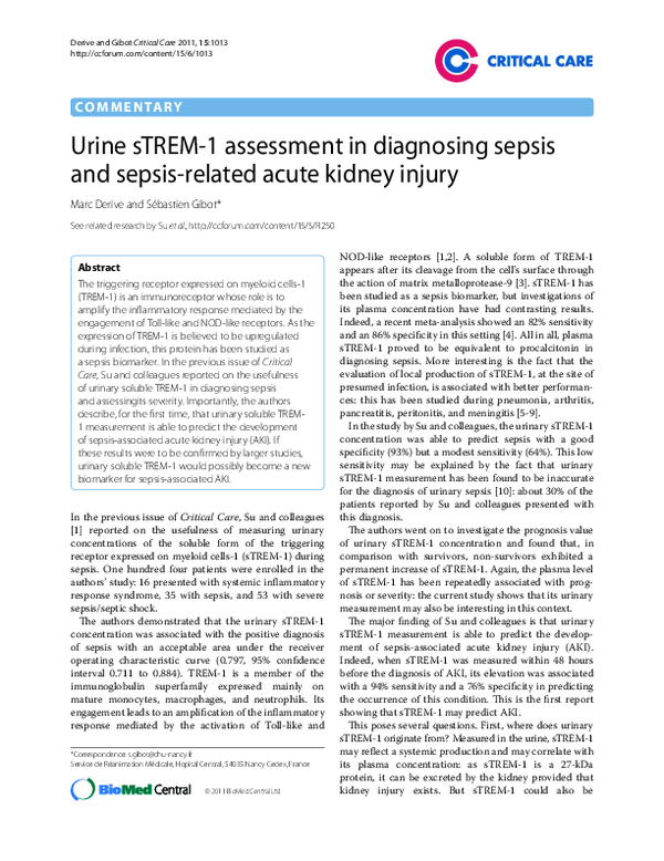 (PDF) Urine sTREM-1 assessment in diagnosing sepsis and sepsis-related ...