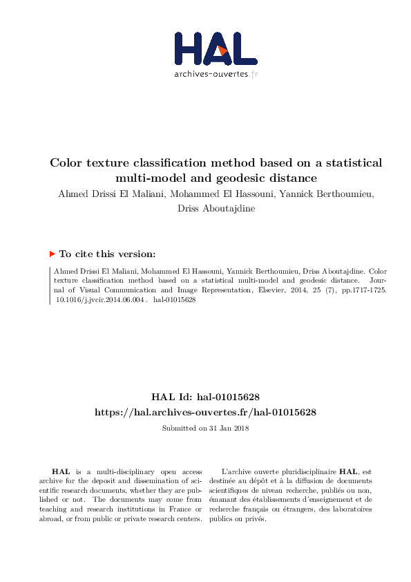 Pdf Color Texture Classification Method Based On A Statistical Multi Model And Geodesic Distance