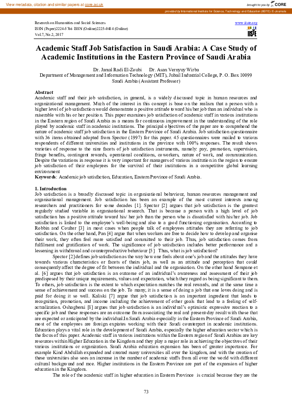 (PDF) Academic Staff Job Satisfaction in Saudi Arabia: A Case Study of ...