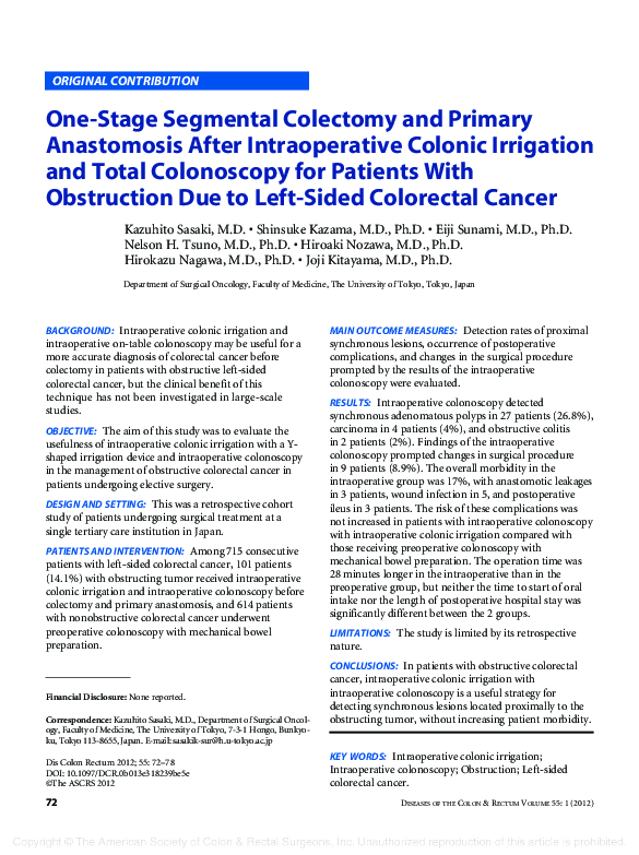 (PDF) One-Stage Segmental Colectomy and Primary Anastomosis After ...