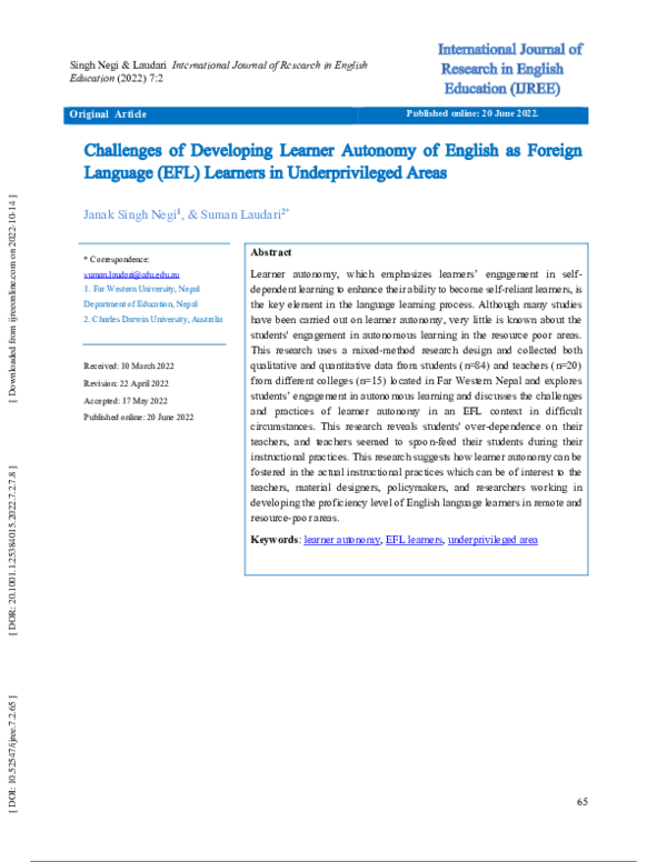 (PDF) Challenges of Developing Learner Autonomy of English as a Foreign Language (EFL) Learners ...