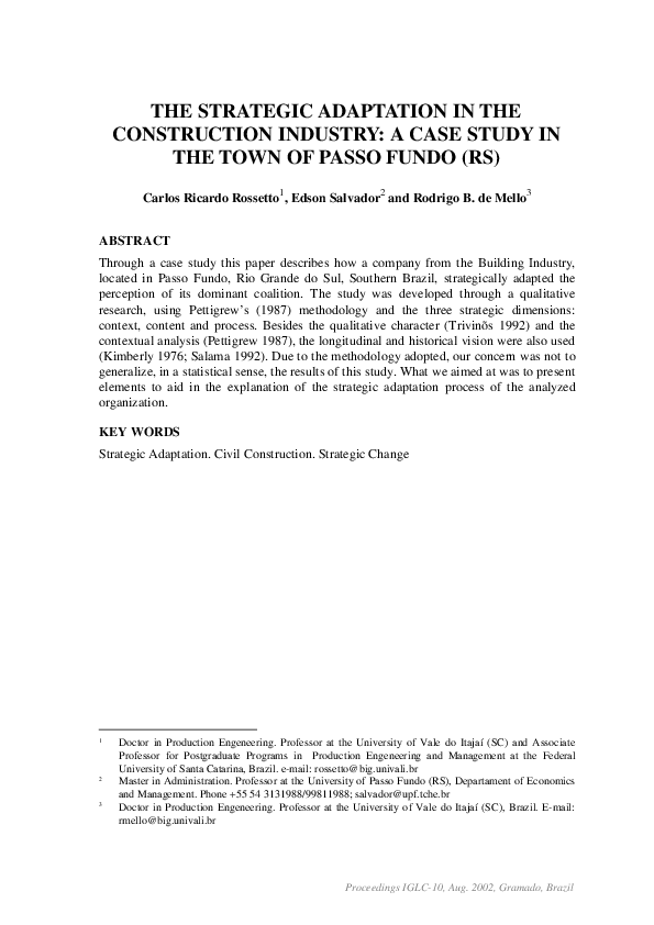 (PDF) The Strategic Adaptation in the Construction Industry: A Case Study in the Town of Passo ...