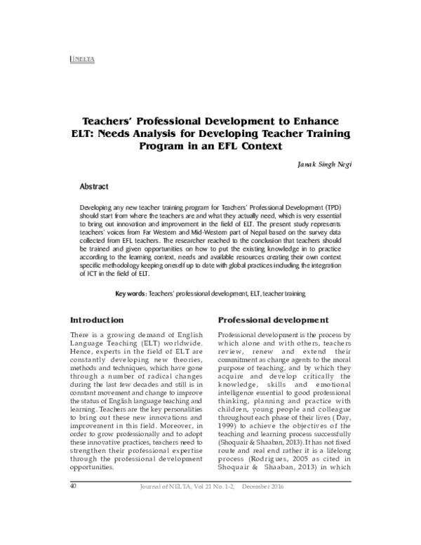 (PDF) Teachers’ Professional Development to Enhance ELT: Needs Analysis for Developing Teacher ...
