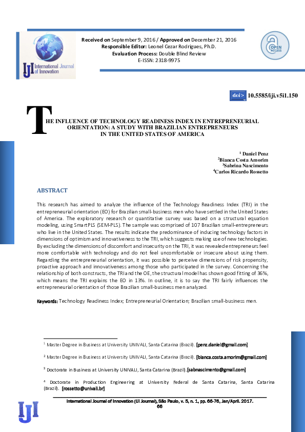 (PDF) The Influence of Technology Readiness Index in Entrepreneurial ...