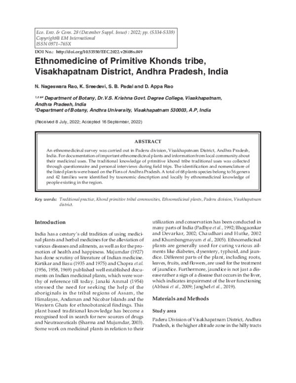 (PDF) Ethnomedicine of Primitive Khonds tribe, Visakhapatnam District ...