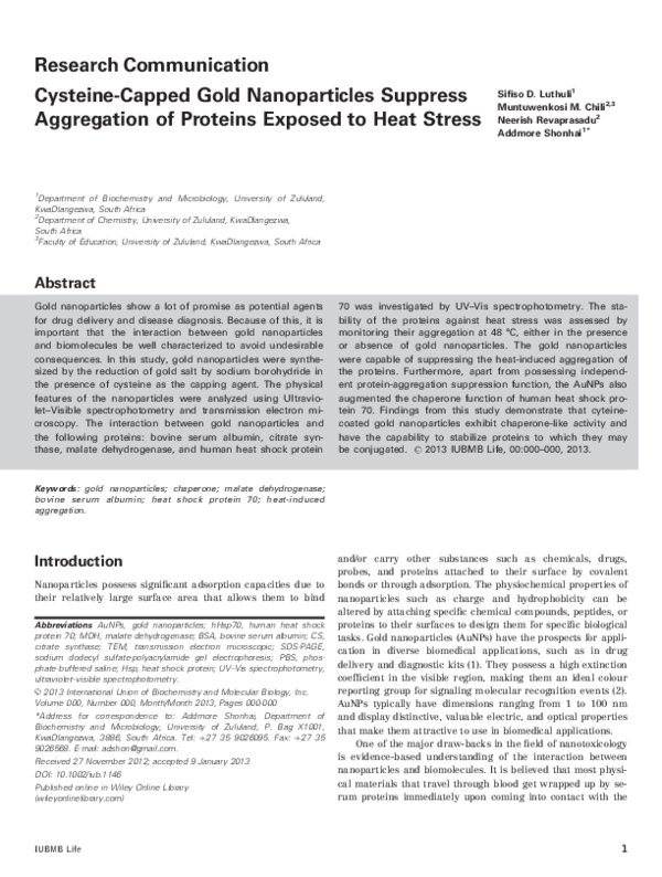(PDF) Cysteine-capped gold nanoparticles suppress aggregation of ...