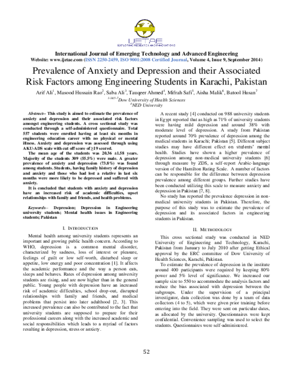 (PDF) Prevalence of Anxiety and Depression and their Associated Risk Factors among Engineering ...