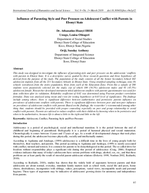 (PDF) Influence of Parenting Style and Peer Pressure on Adolescent Conflict with Parents in ...