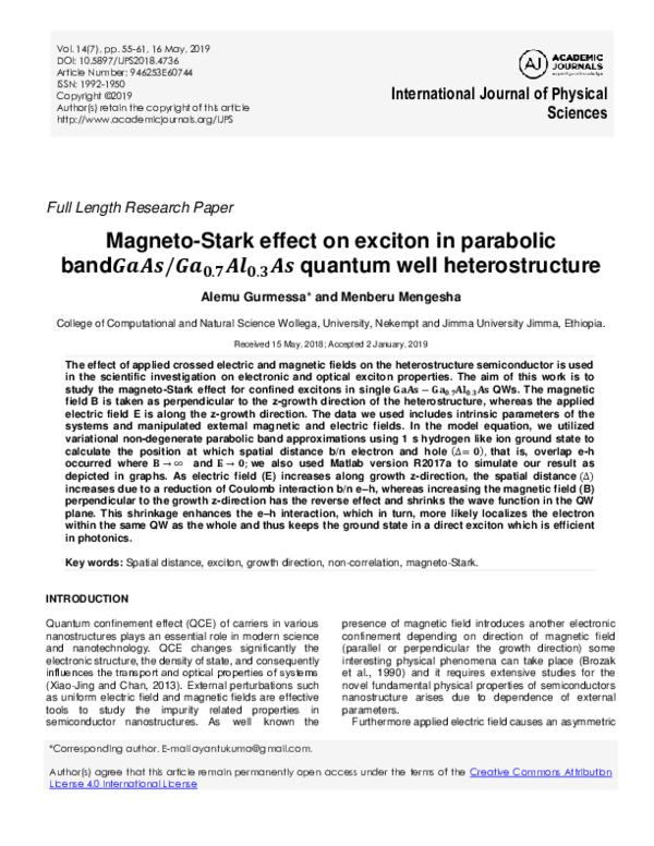 (PDF) Magneto-Stark effect on exciton in parabolic bandGaAs/〖Ga〗_(0.7 ...