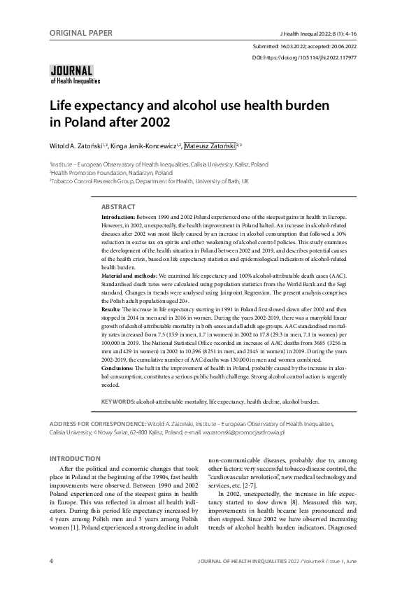 (PDF) Life expectancy and alcohol use health burden in Poland after 2002