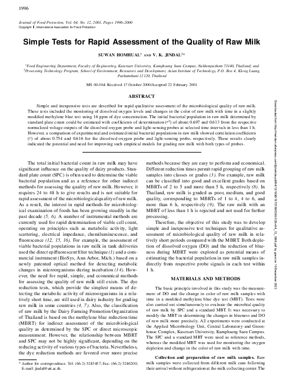 (PDF) Simple Tests for Rapid Assessment of the Quality of Raw Milk